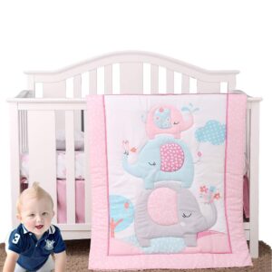 pink elephant baby crib bedding set 3 pieces baby nursery bedding sets for girls with baby comforter,crib fitted sheet, crib skirt