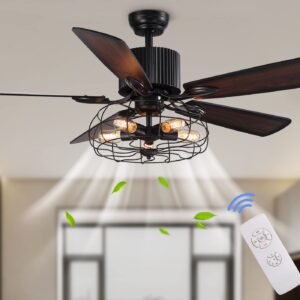 NOXARTE 52 inch Farmhouse Industrial Ceiling Fan with Light and Remote, Vintage Black Cage Fandelier, 5 Reversible Blades Chandelier Fans Light Kit for Bedroom Living Room, Quiet Motor