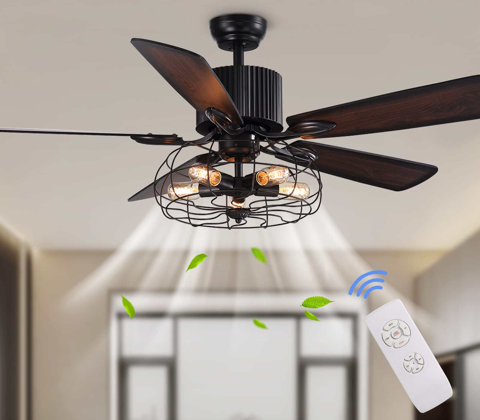 NOXARTE 52 inch Farmhouse Industrial Ceiling Fan with Light and Remote, Vintage Black Cage Fandelier, 5 Reversible Blades Chandelier Fans Light Kit for Bedroom Living Room, Quiet Motor