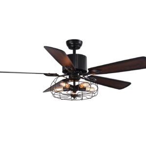 NOXARTE 52 inch Farmhouse Industrial Ceiling Fan with Light and Remote, Vintage Black Cage Fandelier, 5 Reversible Blades Chandelier Fans Light Kit for Bedroom Living Room, Quiet Motor