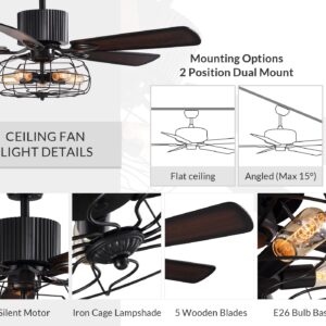 NOXARTE 52 inch Farmhouse Industrial Ceiling Fan with Light and Remote, Vintage Black Cage Fandelier, 5 Reversible Blades Chandelier Fans Light Kit for Bedroom Living Room, Quiet Motor