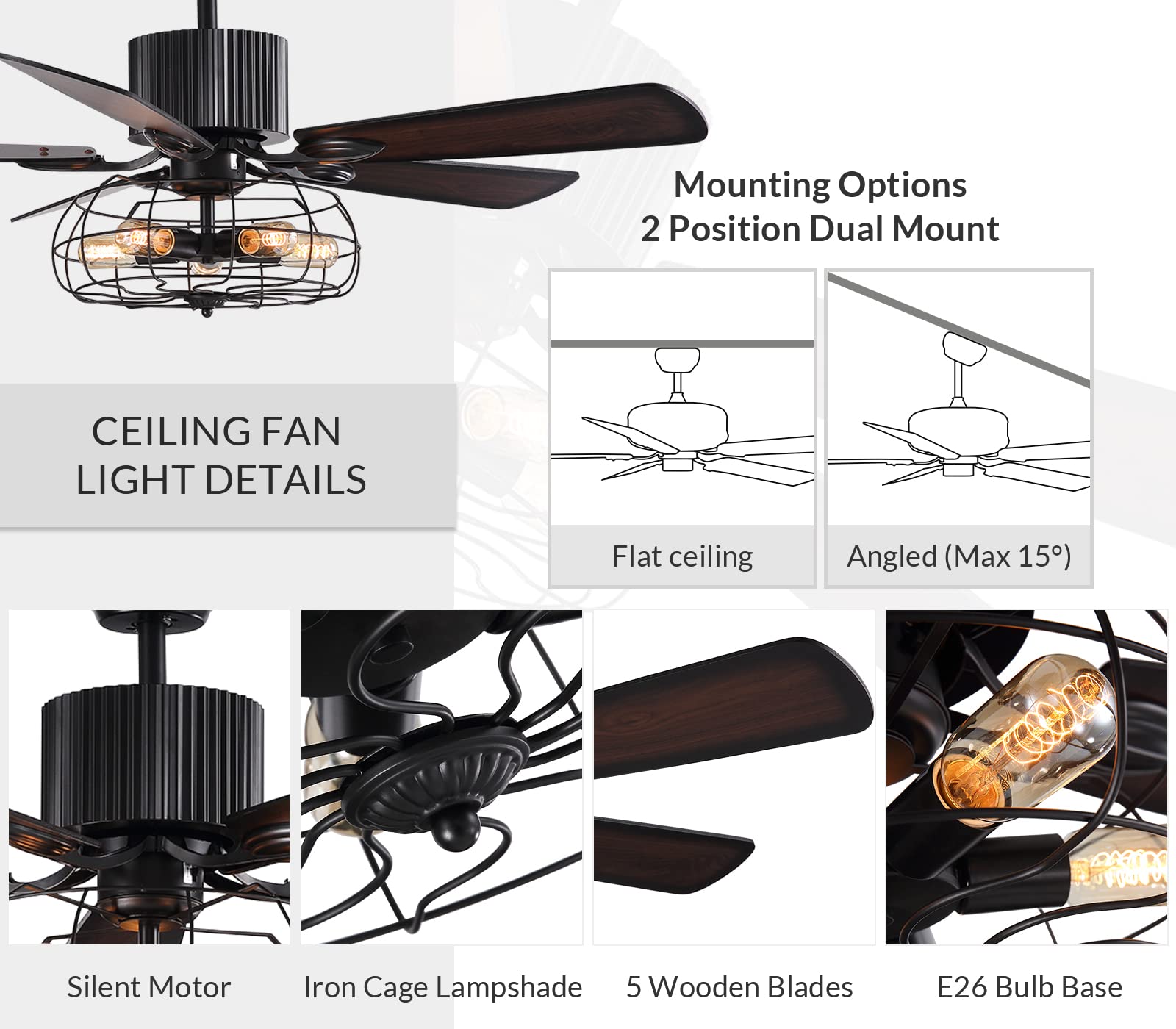 NOXARTE 52 inch Farmhouse Industrial Ceiling Fan with Light and Remote, Vintage Black Cage Fandelier, 5 Reversible Blades Chandelier Fans Light Kit for Bedroom Living Room, Quiet Motor