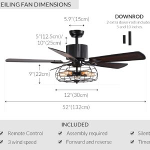 NOXARTE 52 inch Farmhouse Industrial Ceiling Fan with Light and Remote, Vintage Black Cage Fandelier, 5 Reversible Blades Chandelier Fans Light Kit for Bedroom Living Room, Quiet Motor