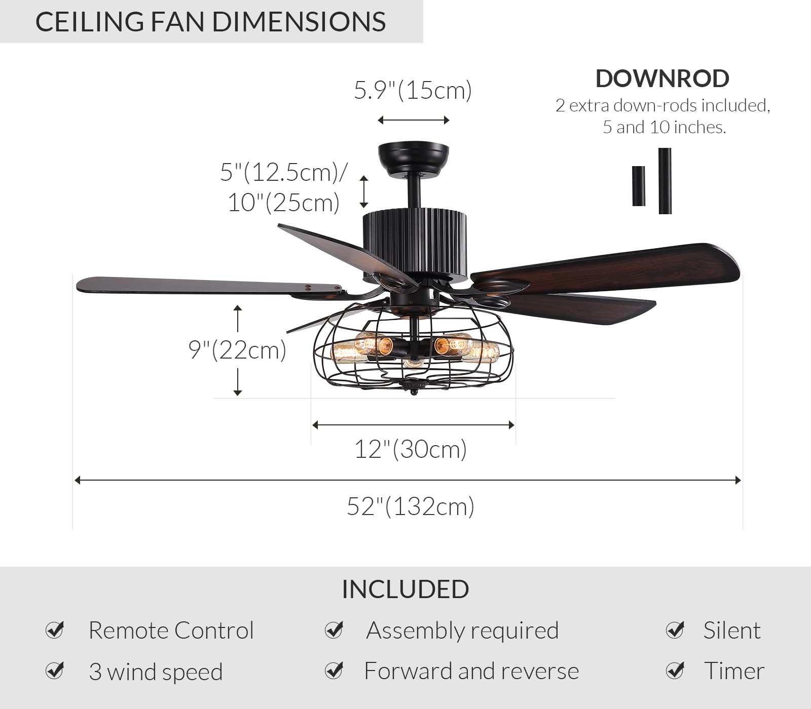 NOXARTE 52 inch Farmhouse Industrial Ceiling Fan with Light and Remote, Vintage Black Cage Fandelier, 5 Reversible Blades Chandelier Fans Light Kit for Bedroom Living Room, Quiet Motor