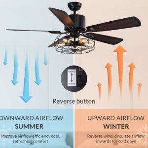 NOXARTE 52 inch Farmhouse Industrial Ceiling Fan with Light and Remote, Vintage Black Cage Fandelier, 5 Reversible Blades Chandelier Fans Light Kit for Bedroom Living Room, Quiet Motor