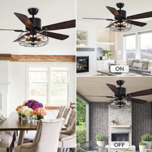 NOXARTE 52 inch Farmhouse Industrial Ceiling Fan with Light and Remote, Vintage Black Cage Fandelier, 5 Reversible Blades Chandelier Fans Light Kit for Bedroom Living Room, Quiet Motor