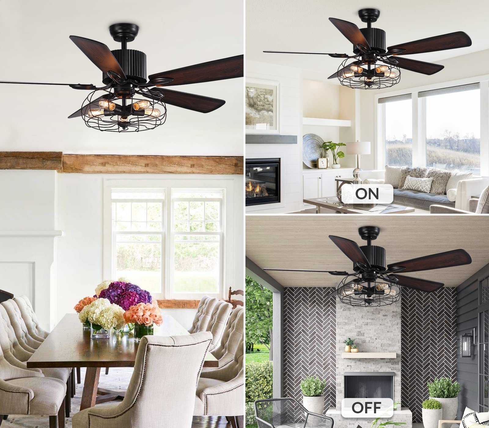 NOXARTE 52 inch Farmhouse Industrial Ceiling Fan with Light and Remote, Vintage Black Cage Fandelier, 5 Reversible Blades Chandelier Fans Light Kit for Bedroom Living Room, Quiet Motor