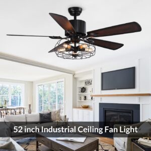 NOXARTE 52 inch Farmhouse Industrial Ceiling Fan with Light and Remote, Vintage Black Cage Fandelier, 5 Reversible Blades Chandelier Fans Light Kit for Bedroom Living Room, Quiet Motor