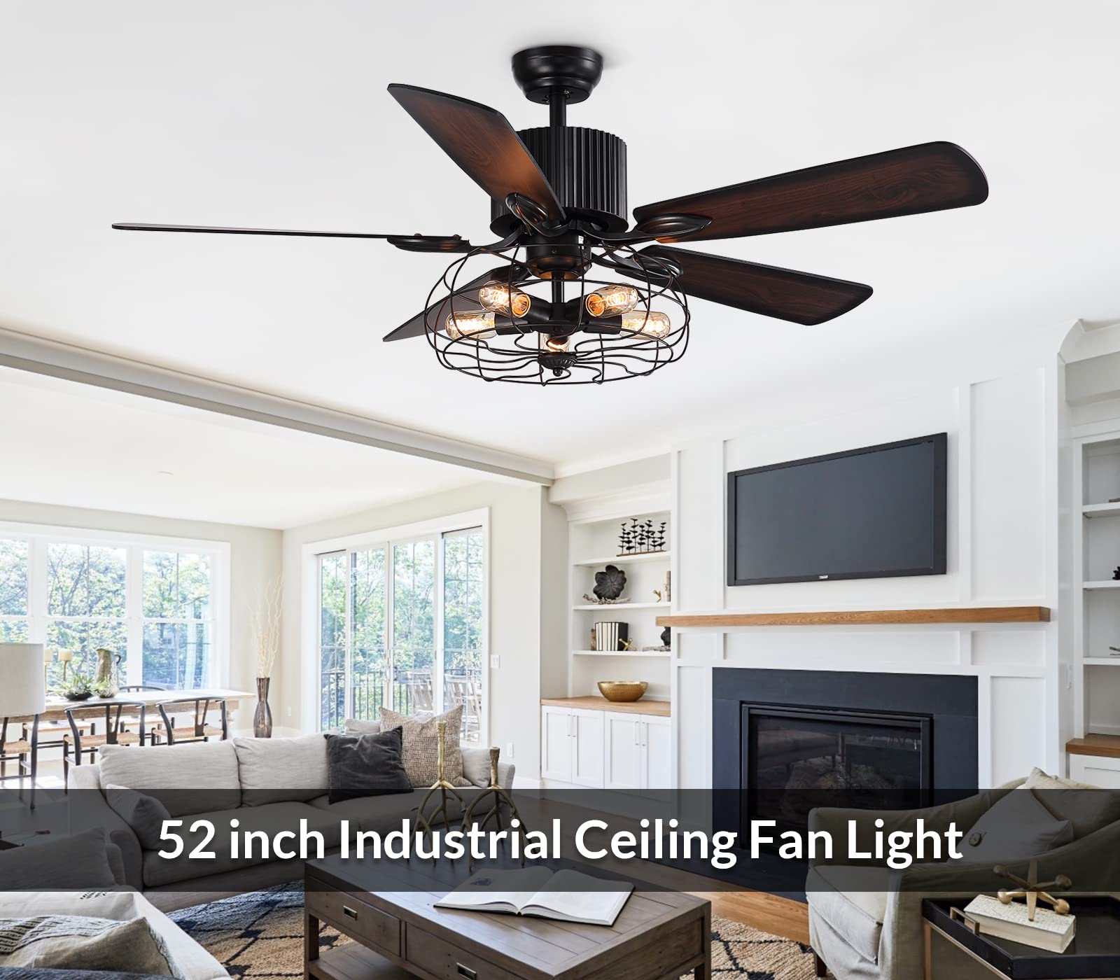 NOXARTE 52 inch Farmhouse Industrial Ceiling Fan with Light and Remote, Vintage Black Cage Fandelier, 5 Reversible Blades Chandelier Fans Light Kit for Bedroom Living Room, Quiet Motor