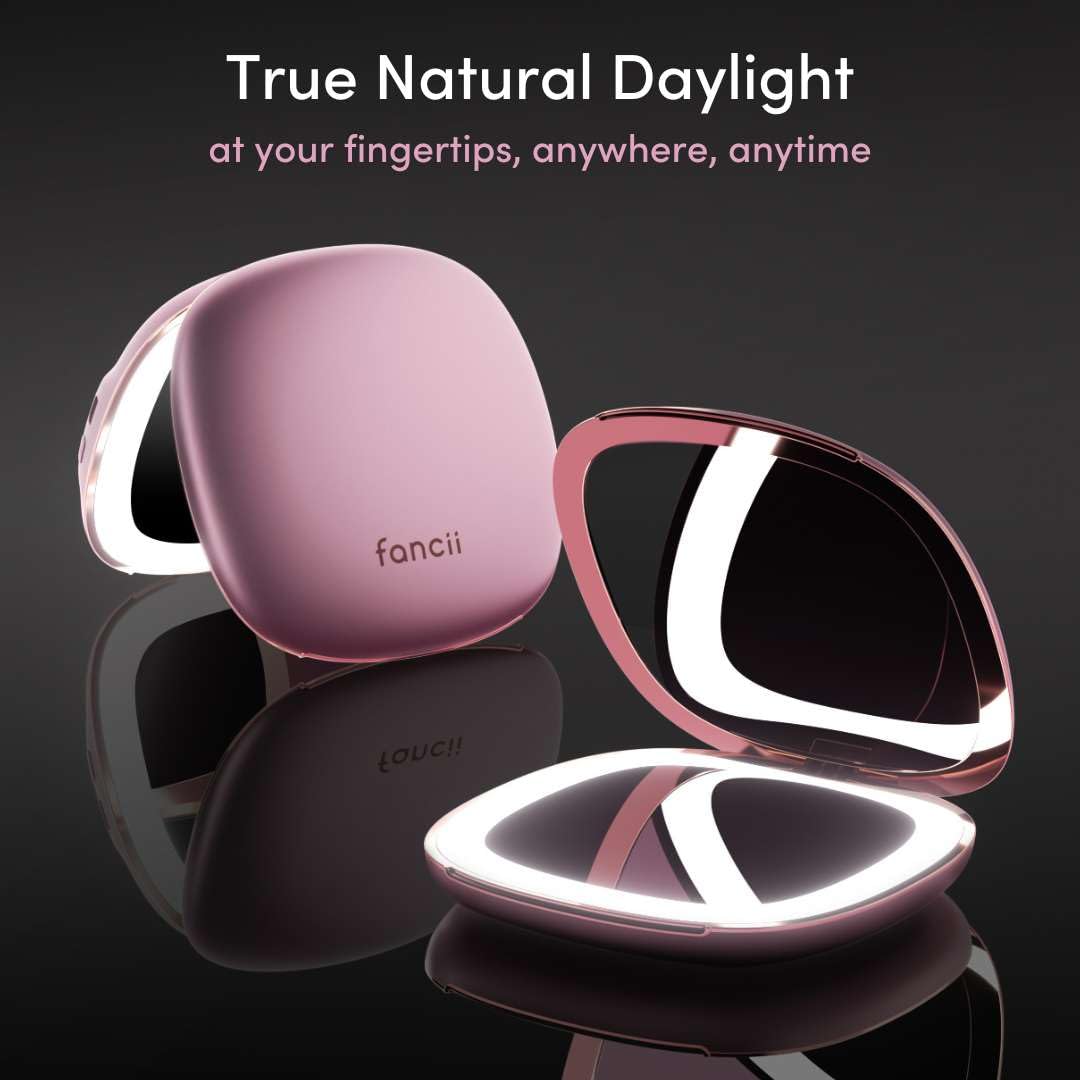 Fancii Compact Makeup Mirror with Natural LED Lights, 1x/ 10x Magnifying - Rechargeable, Portable, Lighted 4” Hand Mirror for Travel and Purses, Mila (Rose Gold)