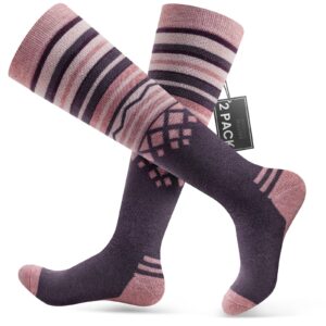 outdoormaster ski socks 2-pack merino wool, non-slip cuff for men & women - fringes, l/xl