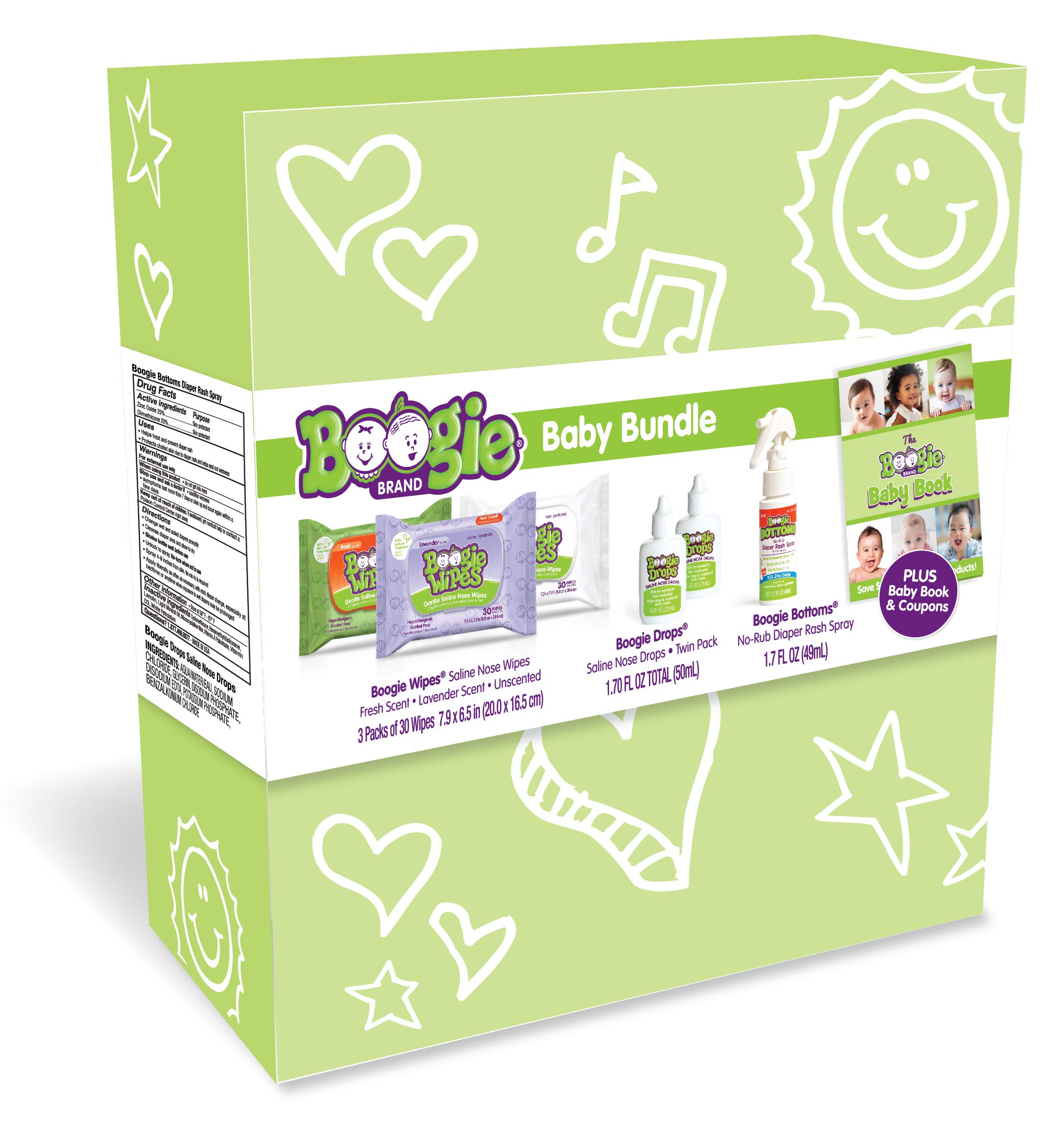 Baby Gift Set by Boogie Wipes, FSA/HSA Eligible, Baby Wipes by Boogie Wipes 90 Count, Diaper Rash Cream Spray by Boogie Bottoms 1 Pack, Baby Nasal Saline Drops by Boogie Drops 2 Pack