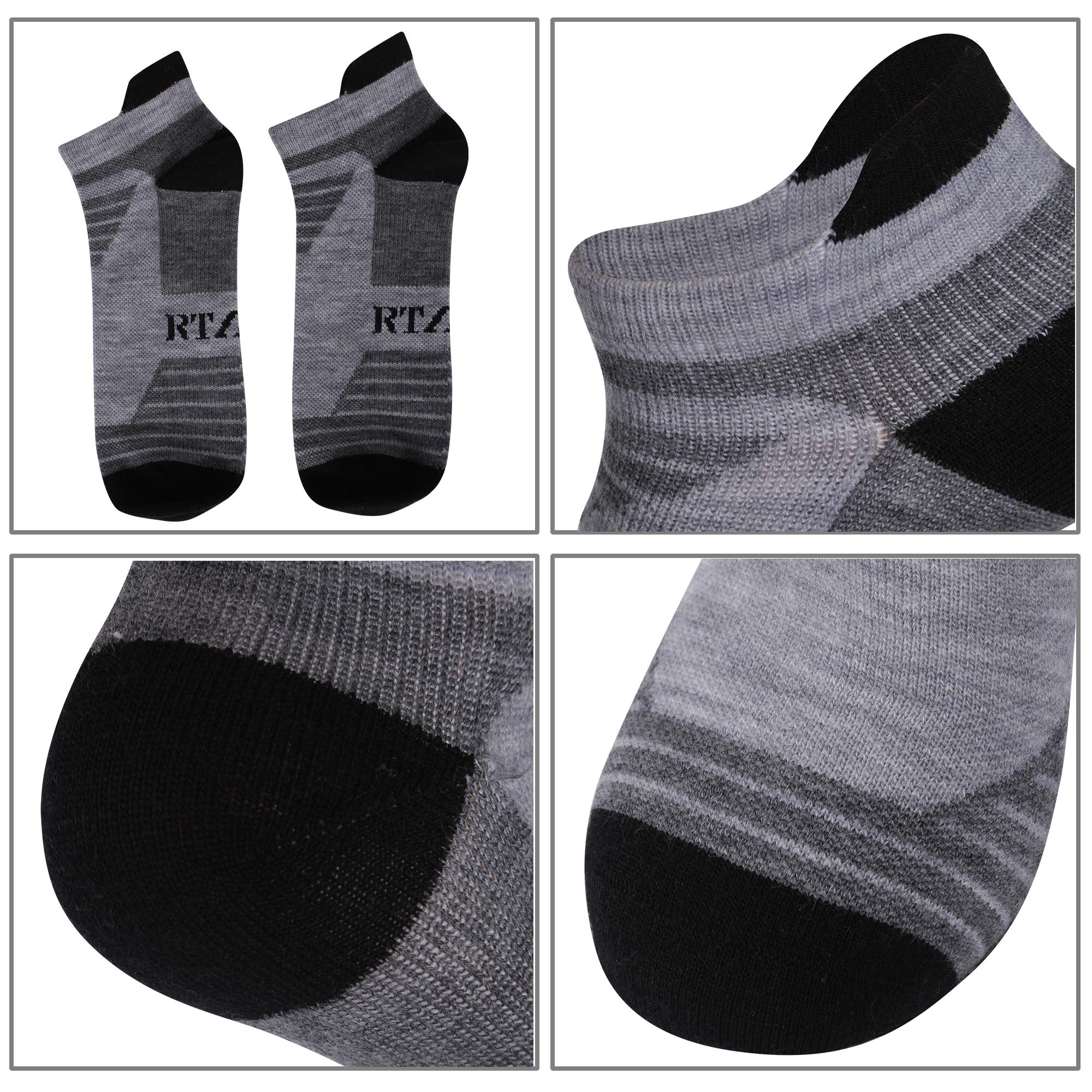 RTZAT 90% Merino Wool Athletic Running Tennis Ultra-Light Ankle Low Cut No Show Cushioned Socks for Men & Women, Medium, Black&Gray