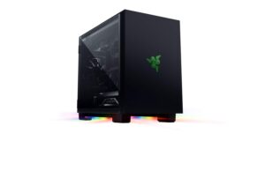 razer tomahawk mini-itx gaming case: dual-sided tempered glass swivel doors, ventilated top panel, chroma rgb underglow lighting, built-in cable management, classic black