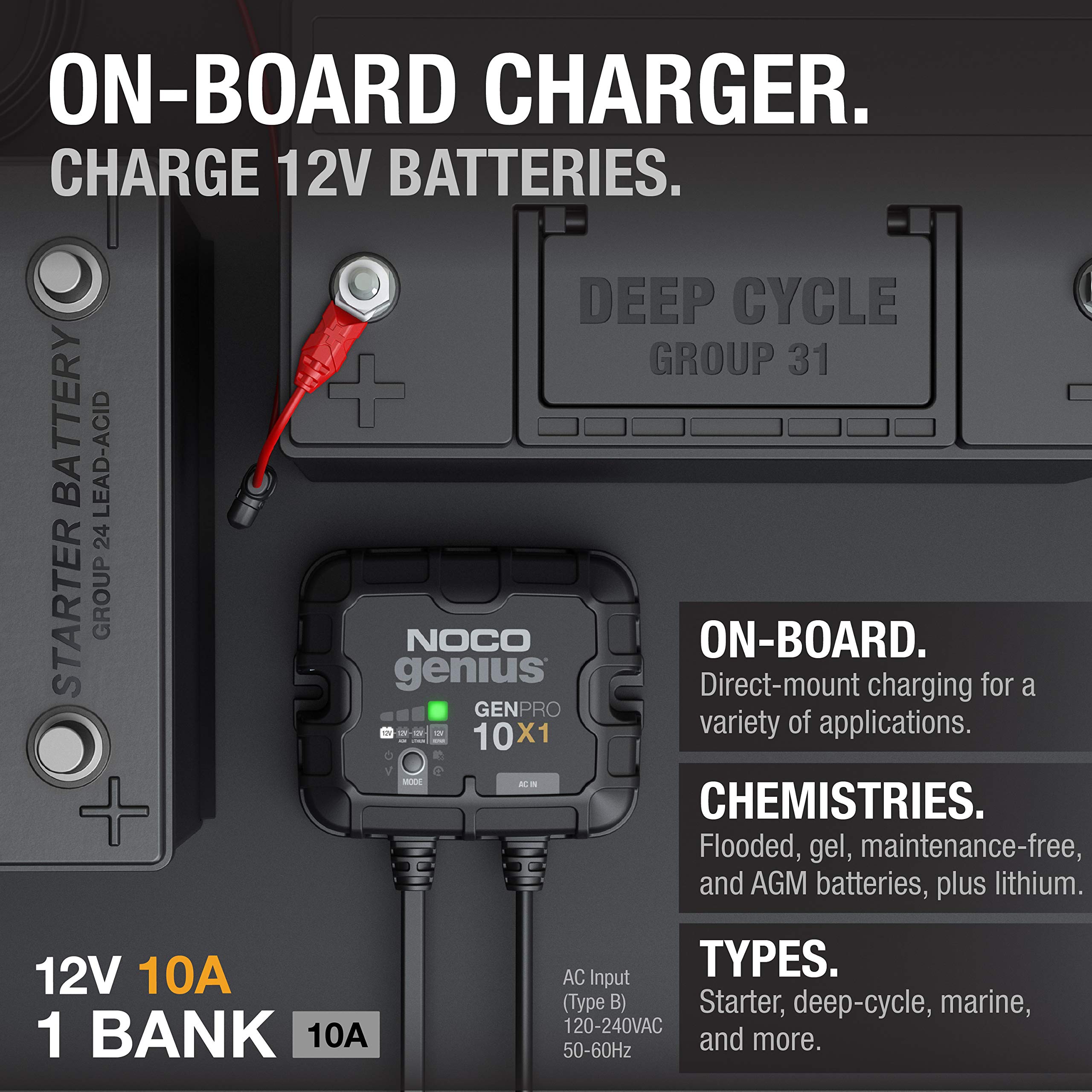 NOCO Genius GENPRO10X1, 1-Bank, 10A (10A/Bank) Smart Marine Battery Charger, 12V Waterproof Onboard Boat Charger, Battery Maintainer and Desulfator for AGM, Lithium (LiFePO4) and Deep-Cycle Batteries