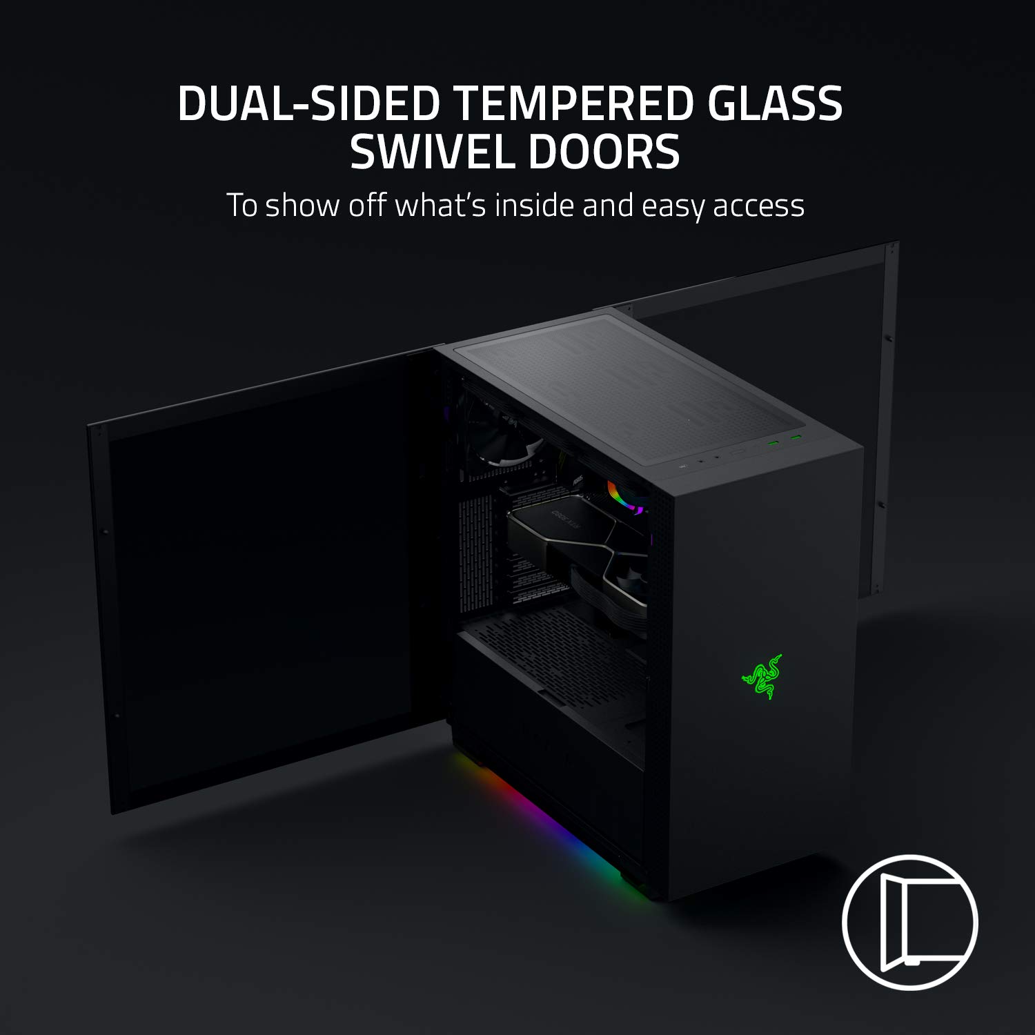 Razer Tomahawk ATX Mid-Tower Gaming Case: Dual-Sided Tempered Glass Swivel Doors, Ventilated Top Panel, Chroma RGB Underglow Lighting, Built-in Cable Management, Classic Black