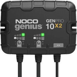 noco genius genpro10x2, 2-bank, 20a (10a/bank) smart marine battery charger, 12v waterproof onboard boat charger, battery maintainer and desulfator for agm, lithium (lifepo4) and deep-cycle batteries