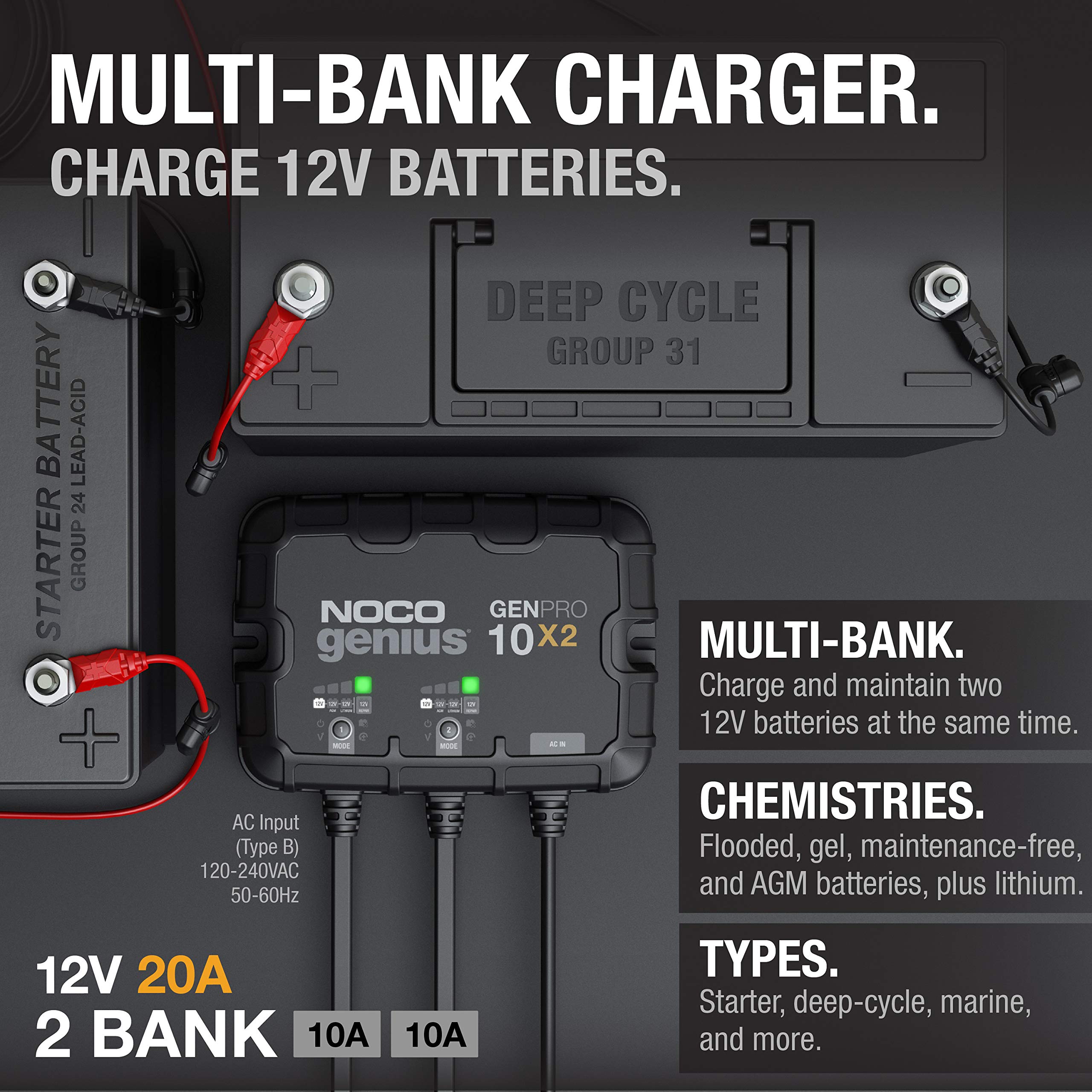 NOCO Genius GENPRO10X2, 2-Bank, 20A (10A/Bank) Smart Marine Battery Charger, 12V Waterproof Onboard Boat Charger, Battery Maintainer and Desulfator for AGM, Lithium (LiFePO4) and Deep-Cycle Batteries