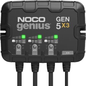 noco genius gen5x3, 3-bank, 15a (5a/bank) smart marine battery charger, 12v waterproof onboard boat charger, battery maintainer and desulfator for agm, lithium (lifepo4) and deep-cycle batteries