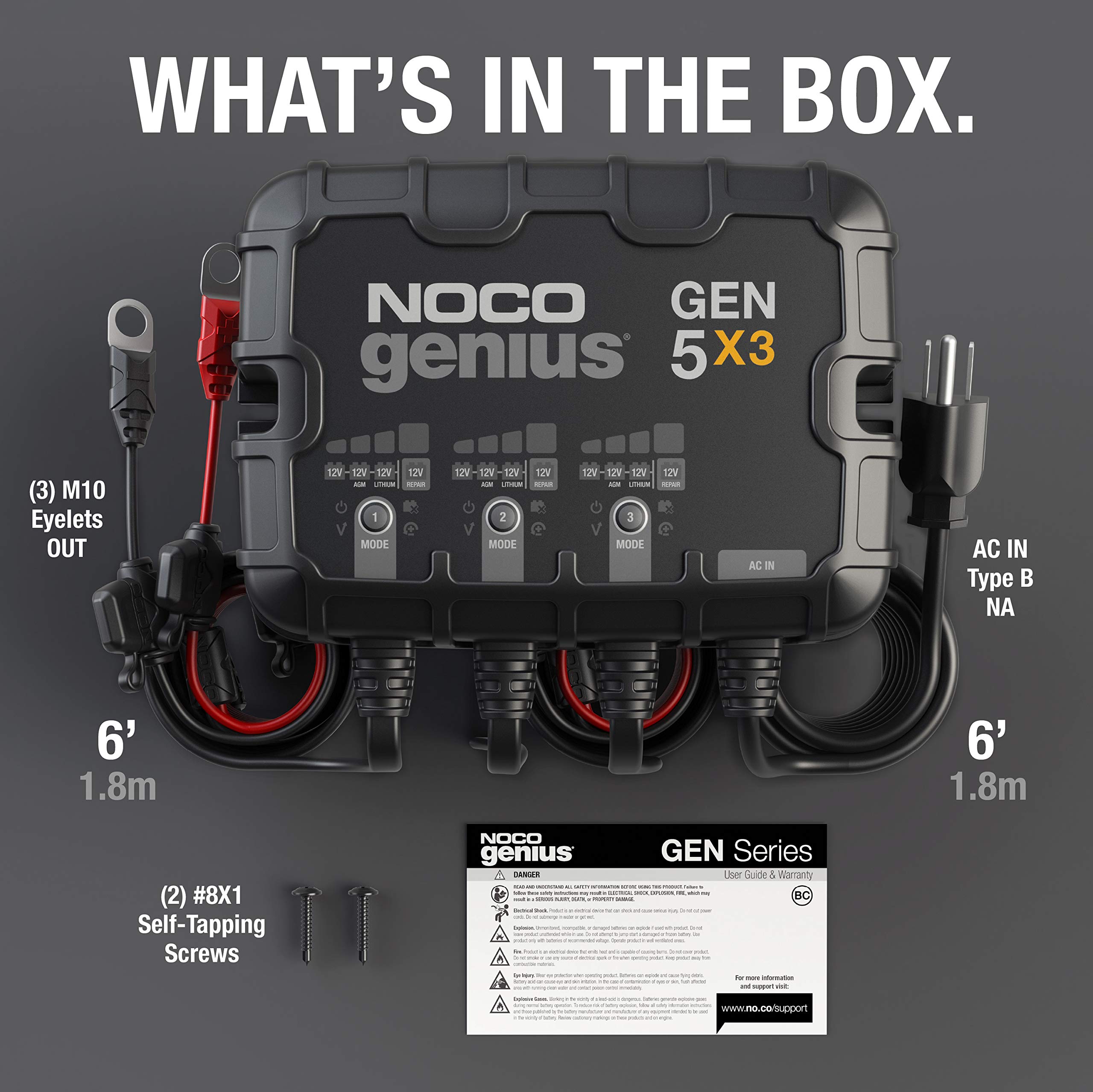 NOCO Genius GEN5X3, 3-Bank, 15A (5A/Bank) Smart Marine Battery Charger, 12V Waterproof Onboard Boat Charger, Battery Maintainer and Desulfator for AGM, Lithium (LiFePO4) and Deep-Cycle Batteries