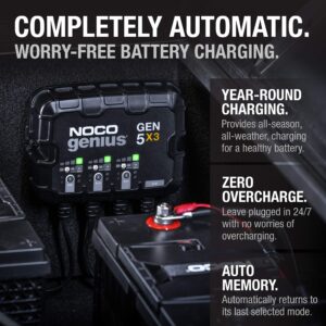 NOCO Genius GEN5X3, 3-Bank, 15A (5A/Bank) Smart Marine Battery Charger, 12V Waterproof Onboard Boat Charger, Battery Maintainer and Desulfator for AGM, Lithium (LiFePO4) and Deep-Cycle Batteries