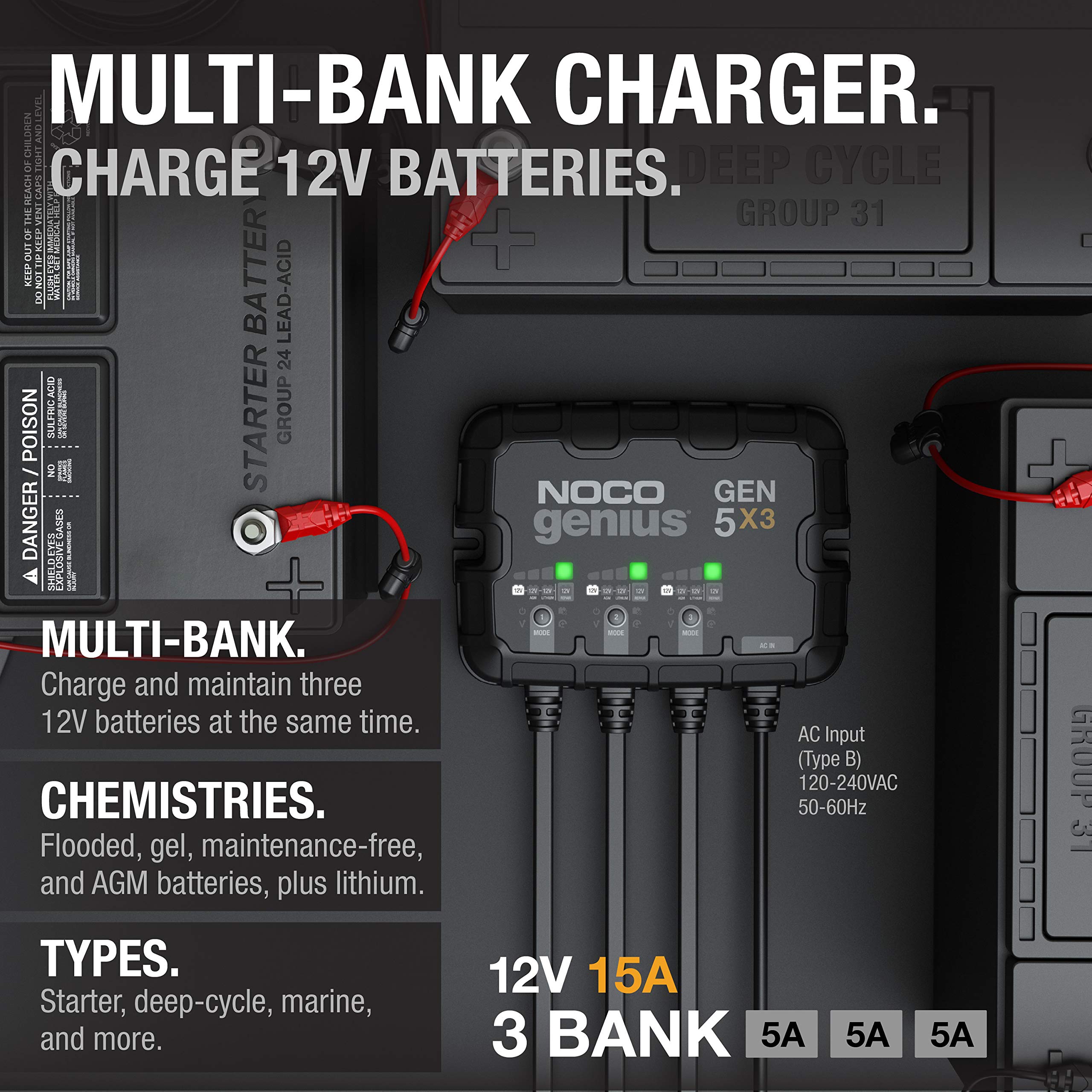 NOCO Genius GEN5X3, 3-Bank, 15A (5A/Bank) Smart Marine Battery Charger, 12V Waterproof Onboard Boat Charger, Battery Maintainer and Desulfator for AGM, Lithium (LiFePO4) and Deep-Cycle Batteries