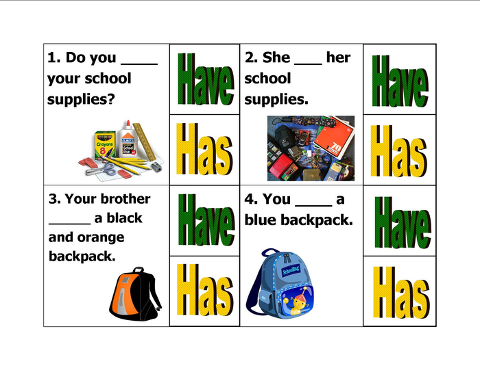 Have or Has? School Supply Rush Task Cards