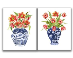 red florals in blue&white chinoiserie porcelain vase wall art prints - set of 2 11x14 unframed watercolor tulip flowers in antique chinese jars. bright, colorful red, blue & green wall decor.