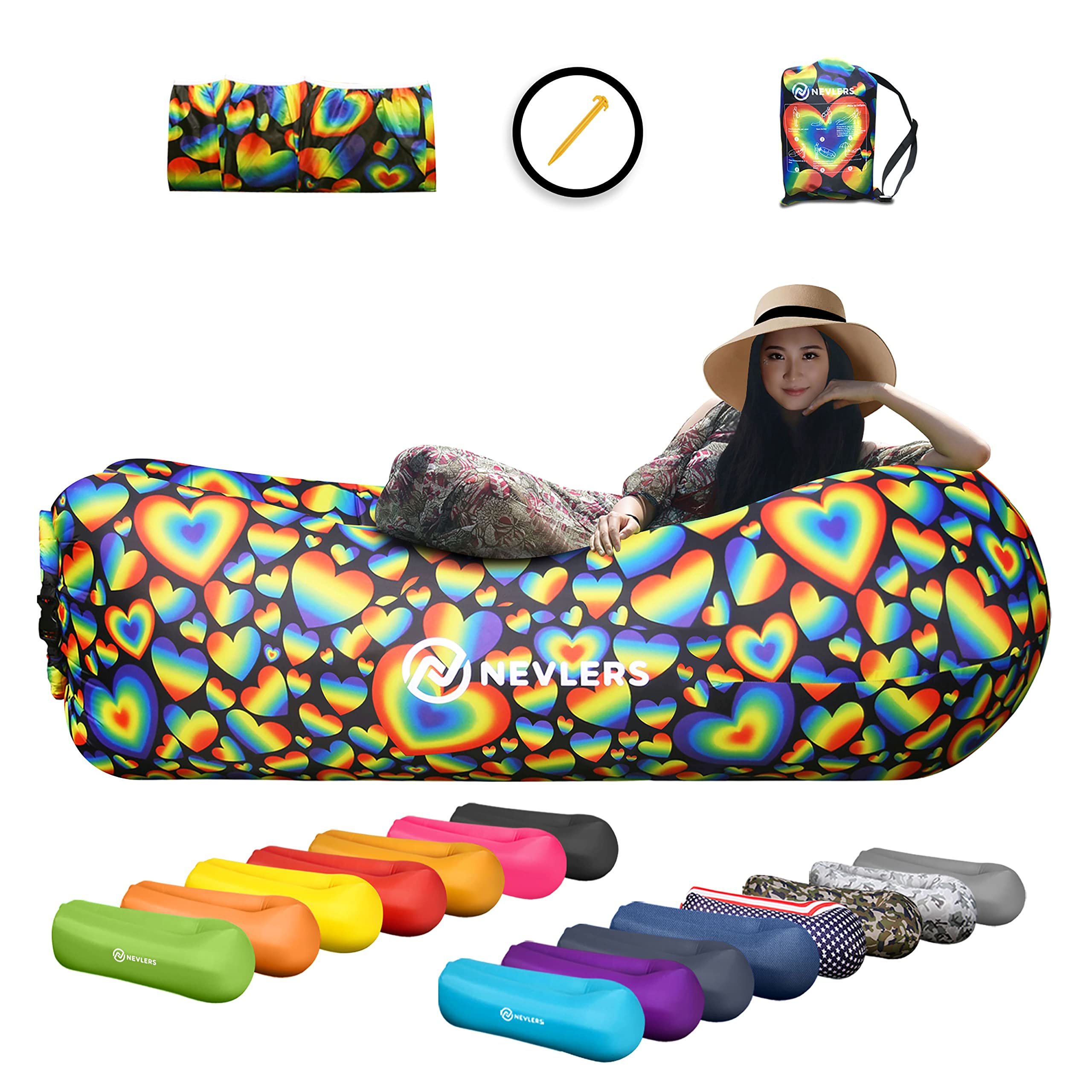 Nevlers Inflatable Lounger Air Sofa - Portable Inflatable Couch for Camping, Outdoor Movie Seating | Easy to Use Air Couch Inflatable Chair Camping Accessories - Rainbow Hearts Design Inflatable Sofa