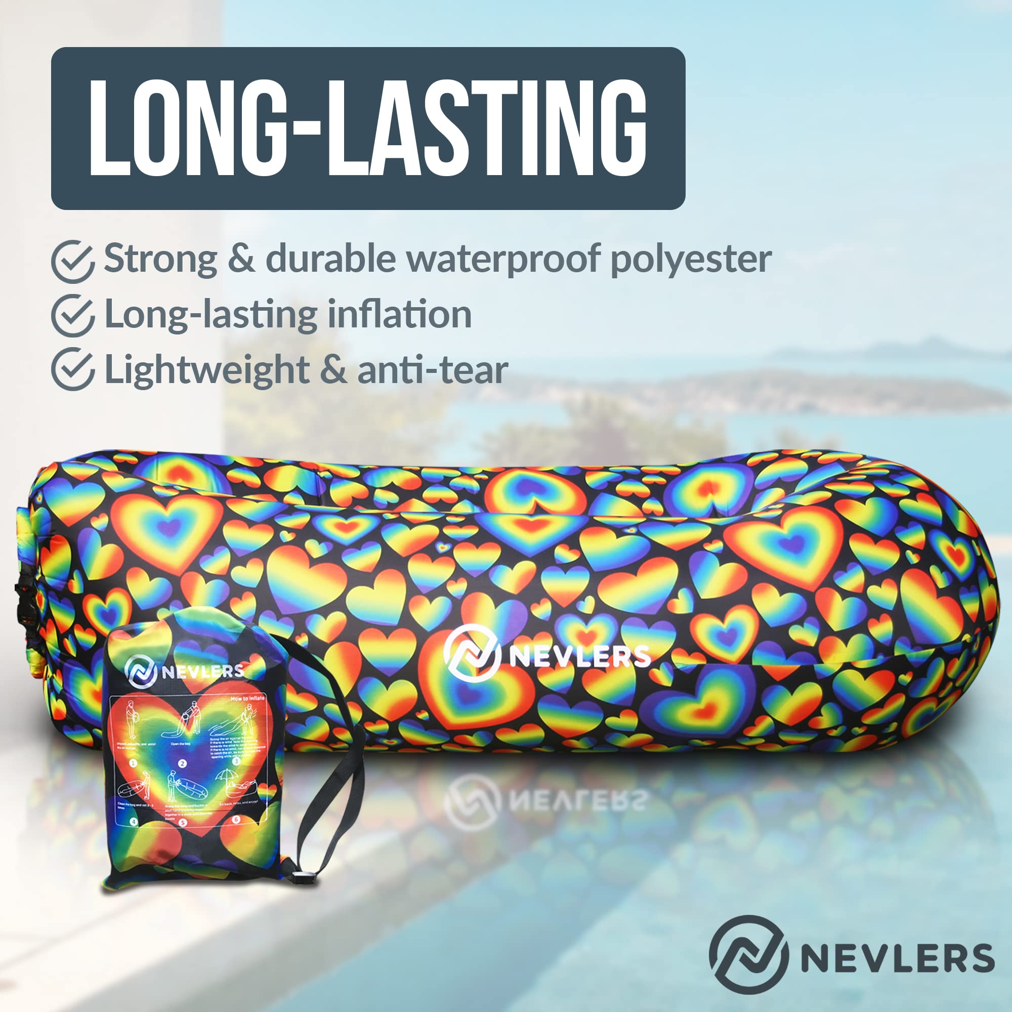 Nevlers Inflatable Lounger Air Sofa - Portable Inflatable Couch for Camping, Outdoor Movie Seating | Easy to Use Air Couch Inflatable Chair Camping Accessories - Rainbow Hearts Design Inflatable Sofa