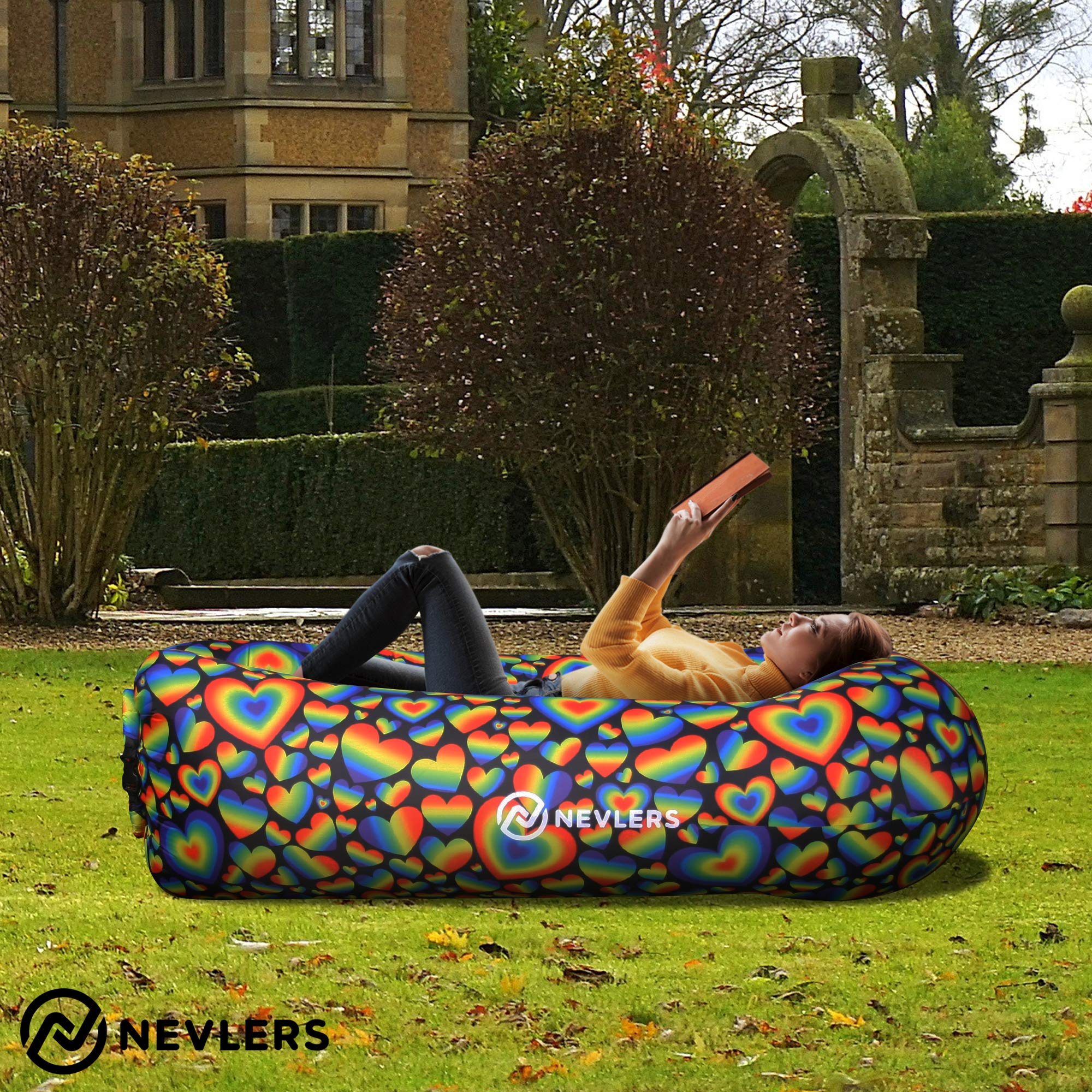 Nevlers Inflatable Lounger Air Sofa - Portable Inflatable Couch for Camping, Outdoor Movie Seating | Easy to Use Air Couch Inflatable Chair Camping Accessories - Rainbow Hearts Design Inflatable Sofa