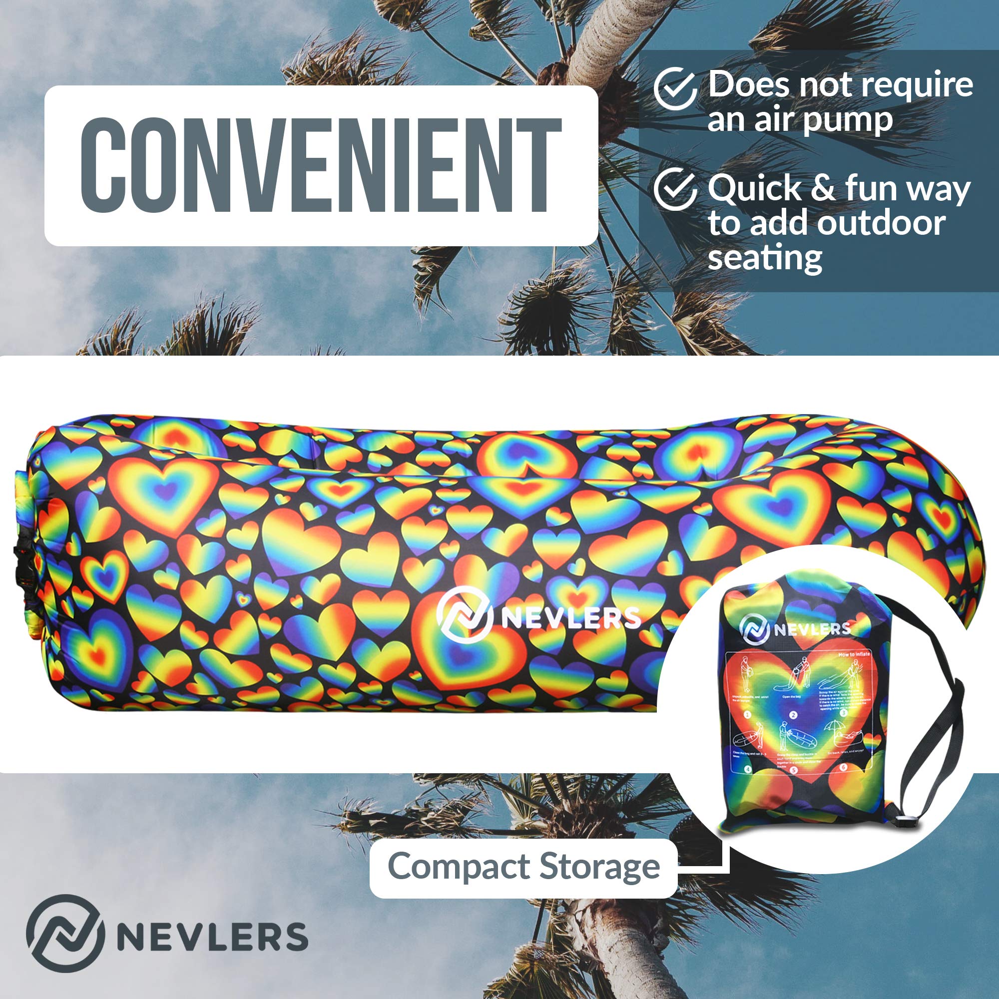 Nevlers Inflatable Lounger Air Sofa - Portable Inflatable Couch for Camping, Outdoor Movie Seating | Easy to Use Air Couch Inflatable Chair Camping Accessories - Rainbow Hearts Design Inflatable Sofa