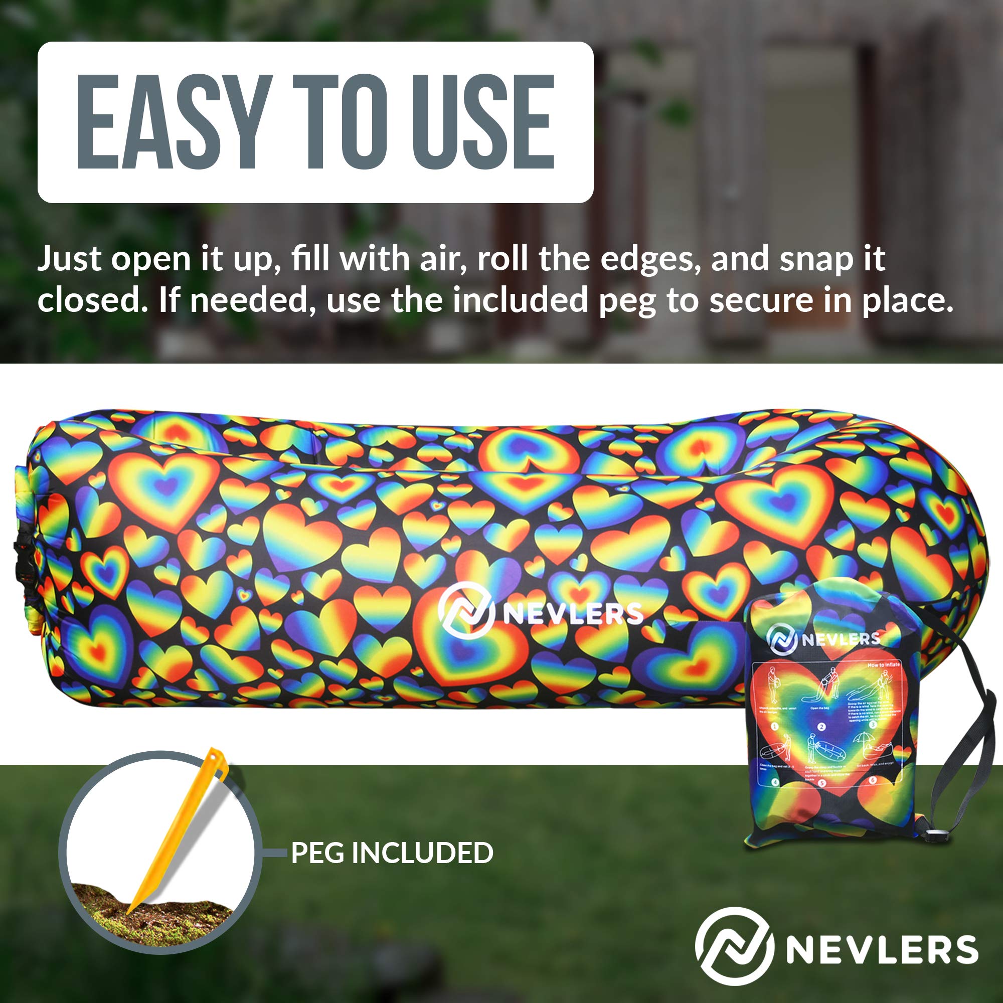 Nevlers Inflatable Lounger Air Sofa - Portable Inflatable Couch for Camping, Outdoor Movie Seating | Easy to Use Air Couch Inflatable Chair Camping Accessories - Rainbow Hearts Design Inflatable Sofa