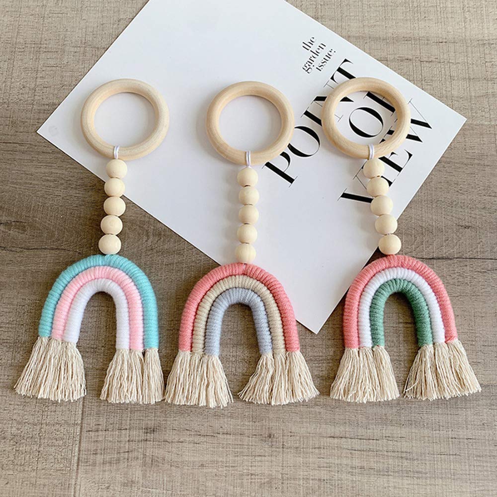 ZOONAI Wood Beads Garland with Tassel Rainbow Wall Décor Handmade Weaving Ornament Home Decoration Accessories Hanging Pendant for Bedroom Nursery Baby Kids Room (Blue Pink White)