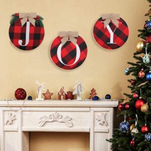 Christmas Joy Wreath for Front Door - Rustic Wooden Buffalo Plaid Xmas Wreath, 14Inch Large Sign for Indoor Home Window Wall Farmhouse Party Decor