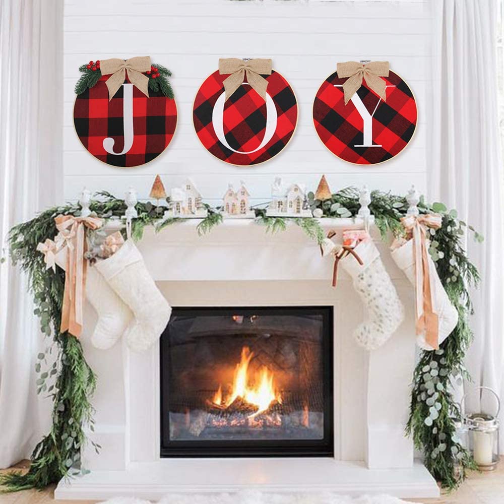 Christmas Joy Wreath for Front Door - Rustic Wooden Buffalo Plaid Xmas Wreath, 14Inch Large Sign for Indoor Home Window Wall Farmhouse Party Decor