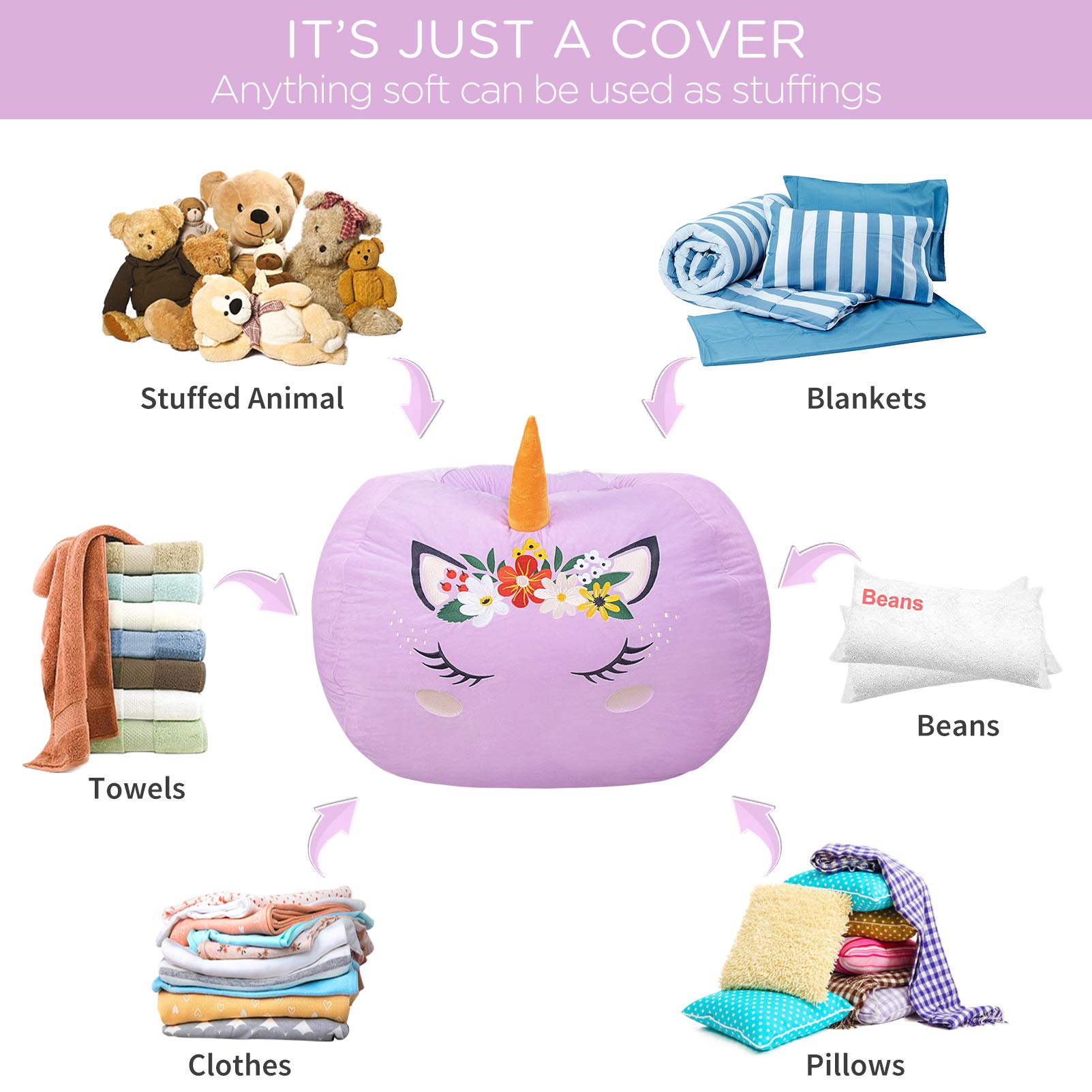 Aubliss Stuffed Animal Storage, Velvet Bean Bag Chairs Cover, X-Large 38" Ultra Soft Kids Toy Storage Organizer for Blankets Towels Clothes, Unicorn Purple Floral