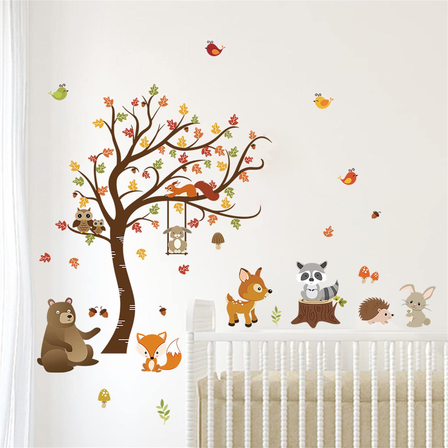 decalmile Forest Animals Tree Wall Decal Fox Deer Fall Leaves Wall Stickers Baby Nursery Kids Bedroom Classroom Wall Decor (H: 31 Inches）