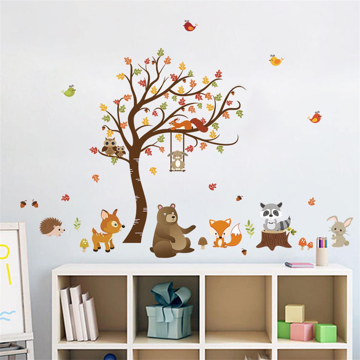 decalmile Forest Animals Tree Wall Decal Fox Deer Fall Leaves Wall Stickers Baby Nursery Kids Bedroom Classroom Wall Decor (H: 31 Inches）