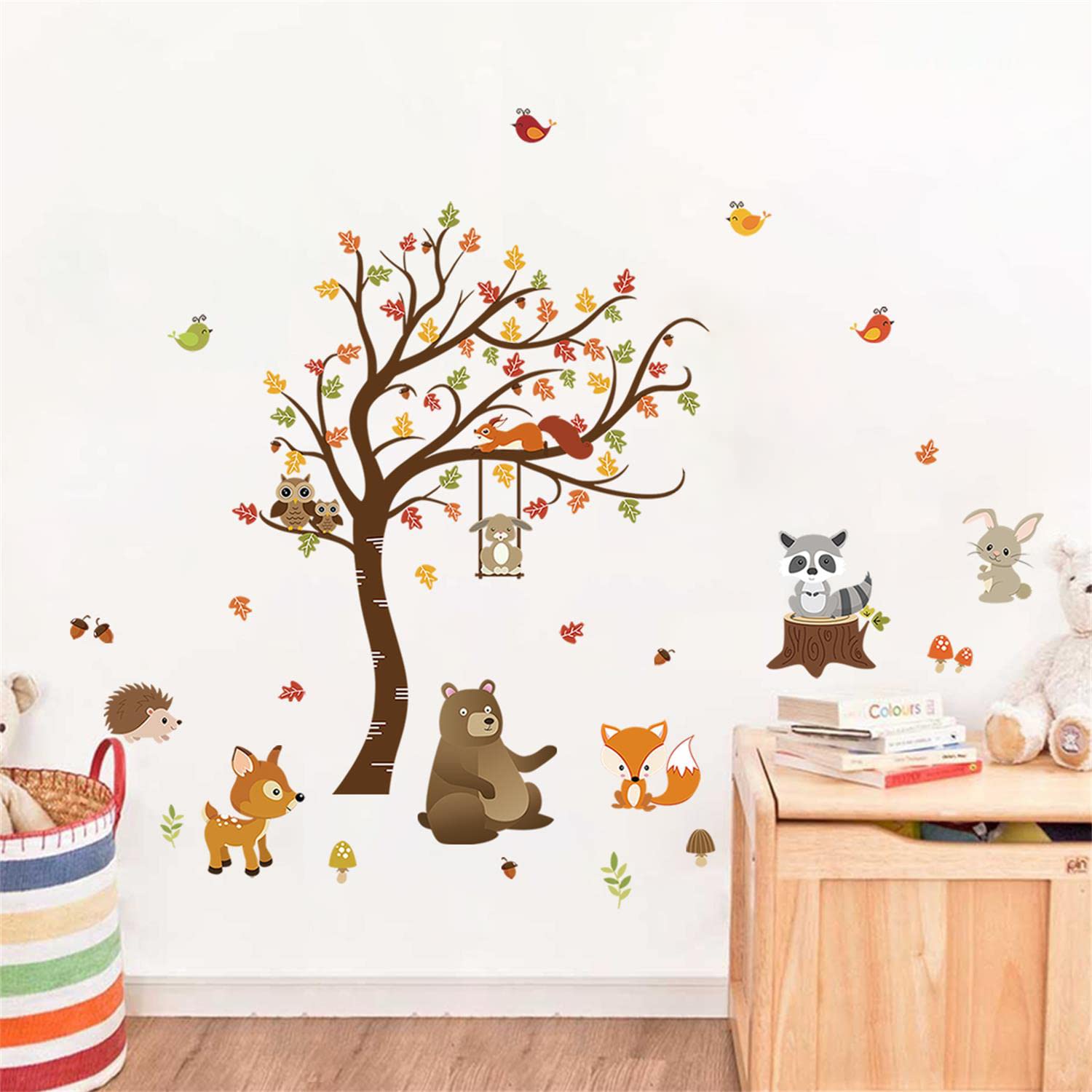 decalmile Forest Animals Tree Wall Decal Fox Deer Fall Leaves Wall Stickers Baby Nursery Kids Bedroom Classroom Wall Decor (H: 31 Inches）