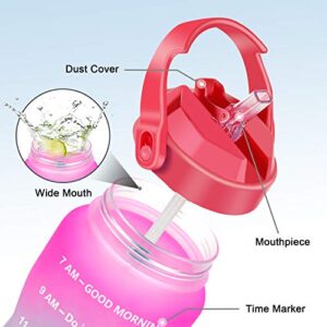 QuiFit Motivational Gallon Water Bottle - with Straw & Time Marker BPA Free 128/64 oz Large Water Jug Leak-Proof Durable for Fitness Outdoor Enthusiasts(Pink/Blue, 64 oz)