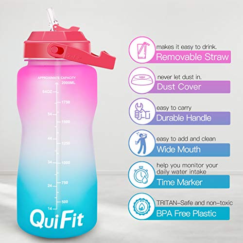 QuiFit Motivational Gallon Water Bottle - with Straw & Time Marker BPA Free 128/64 oz Large Water Jug Leak-Proof Durable for Fitness Outdoor Enthusiasts(Pink/Blue, 64 oz)