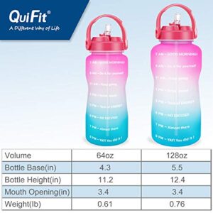 QuiFit Motivational Gallon Water Bottle - with Straw & Time Marker BPA Free 128/64 oz Large Water Jug Leak-Proof Durable for Fitness Outdoor Enthusiasts(Pink/Blue, 64 oz)