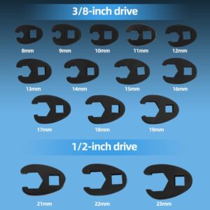 KUNTEC 15 Piece Crowfoot Flare Nut Wrench Set Metric Tool Kit for 3/8inch and 1/2inch Drive Ratchet 8mm to 24mm