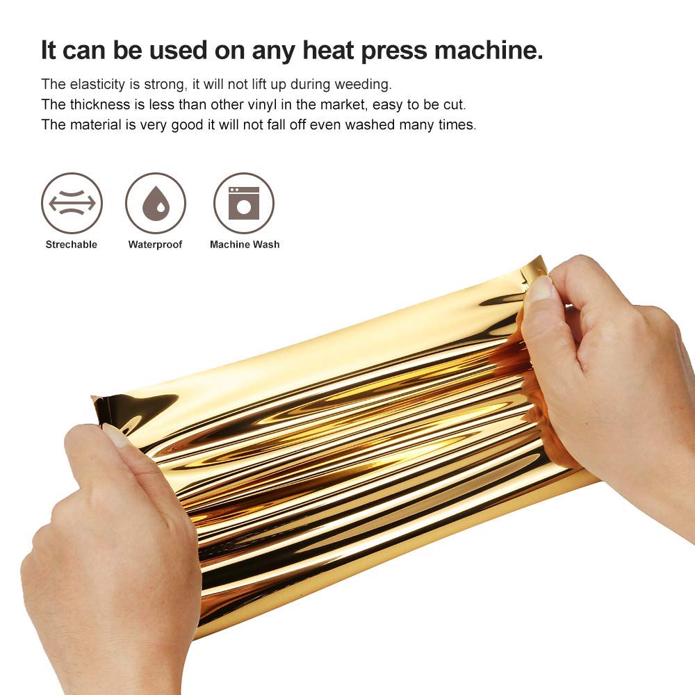 Metallic HTV Heat Transfer Foil Vinyl for T-Shirt 10" 5 feet Rolls Iron on Vinyl Works with Cameo and Cutters DIY Design for Decoration (Gold)