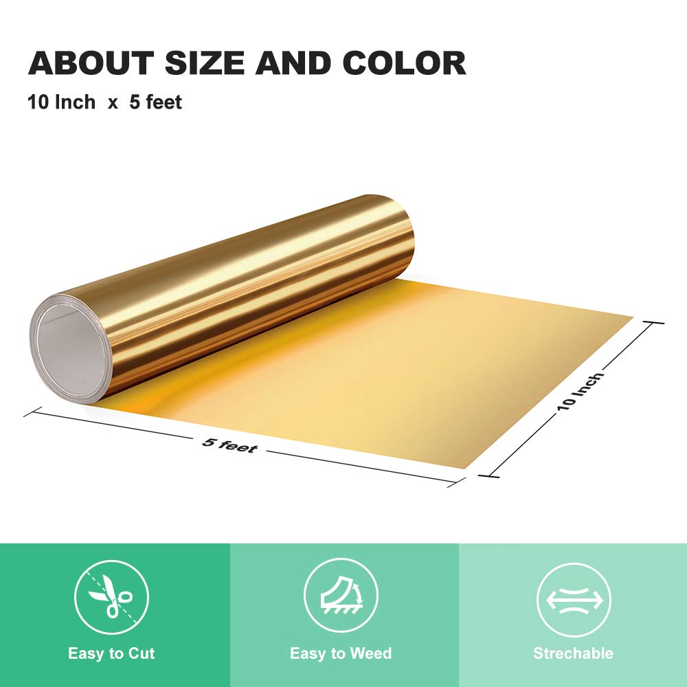 Metallic HTV Heat Transfer Foil Vinyl for T-Shirt 10" 5 feet Rolls Iron on Vinyl Works with Cameo and Cutters DIY Design for Decoration (Gold)