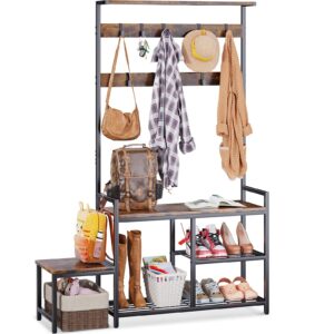 odk parent-child hall tree with bench and shoe storage, entryway rack with metal frame and hooks, for entrance, foyer, mudroom (rustic brown)