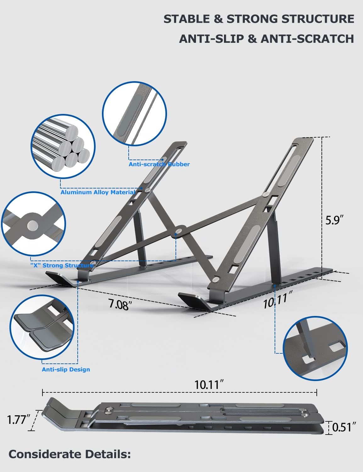 PHOCAR Portable Laptop Stand, Adjustable Tablet Notebook Stand for iPad, MacBook Pro, Laptop Desk Riser Foldable Notebook Cooling Stand for MacBook, Dell, Asus, Lenovo