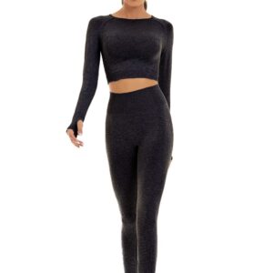 Toplook Women Seamless Workout Outfits Athletic Set Leggings + Long Sleeve Top 2 Pieces(Black, Medium)