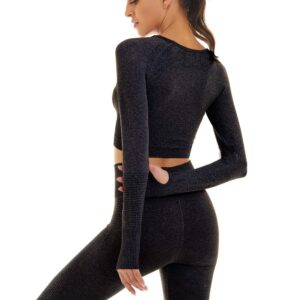 Toplook Women Seamless Workout Outfits Athletic Set Leggings + Long Sleeve Top 2 Pieces(Black, Medium)